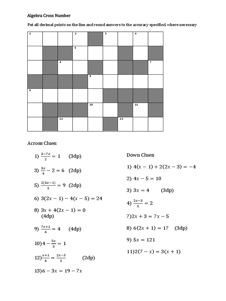 Algebra Cross Number: Put All Decimal Points On The Line and Round ...