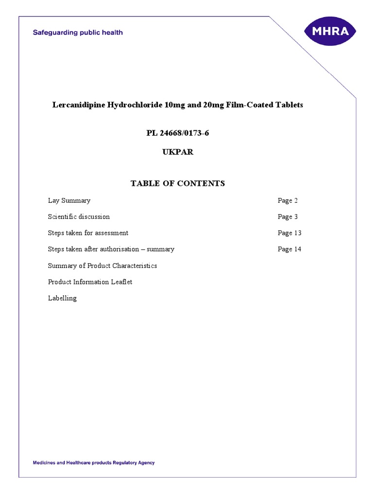 Lercanidipine Hydrochloride 10mg and 20mg Film-Coated Tablets | PDF ...