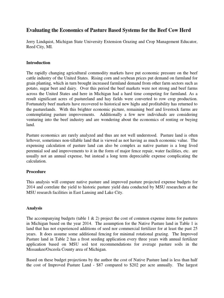 Evaluating The Economics of Pasture Based Systems For The Beef Cow Herd ...