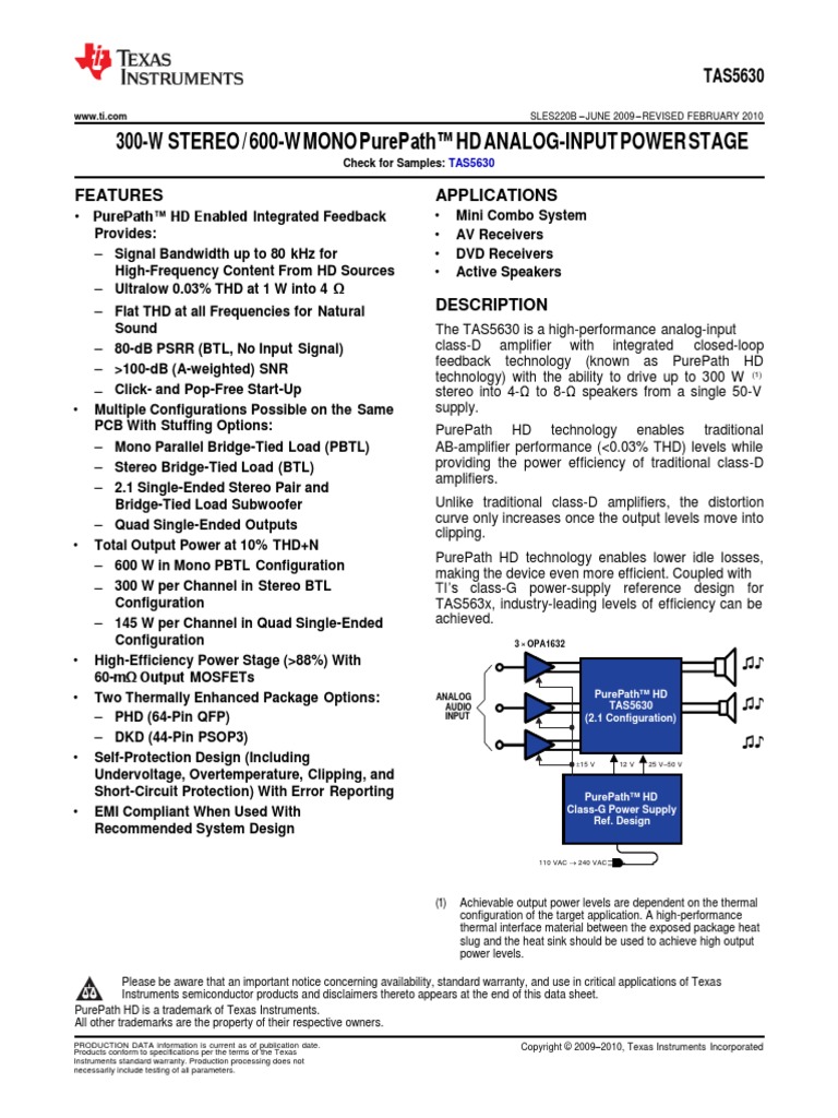 300-W STEREO / 600-W MONO Purepath™ HD Analog-Input Power Stage | PDF ...
