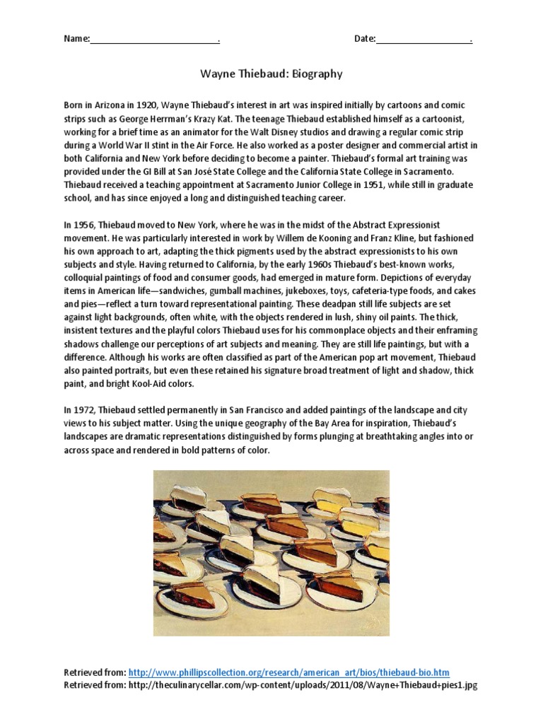 Wayne Thiebaud Worksheet | PDF | Paintings | Art Media