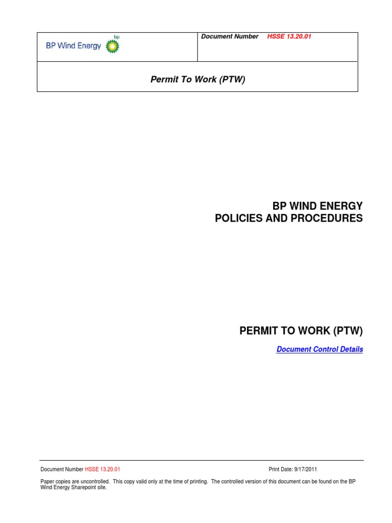 BP Wind Energy Permit to Work Procedure | PDF | Audit | Safety