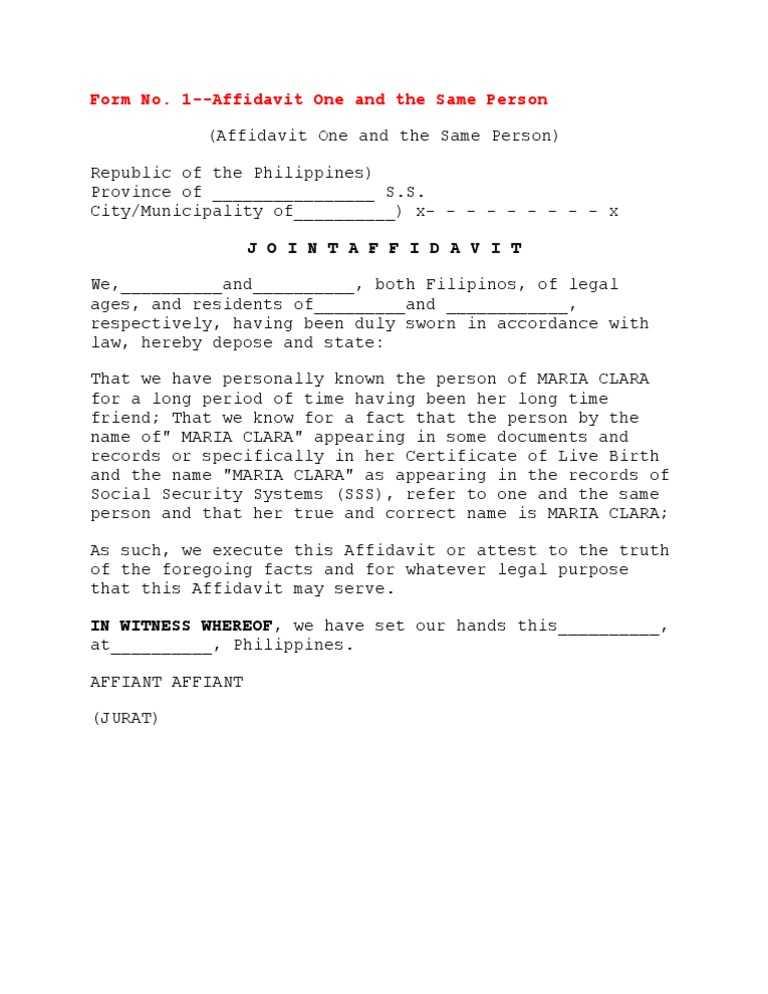 Affidavit of One and The Same Person | PDF | Affidavit | Document