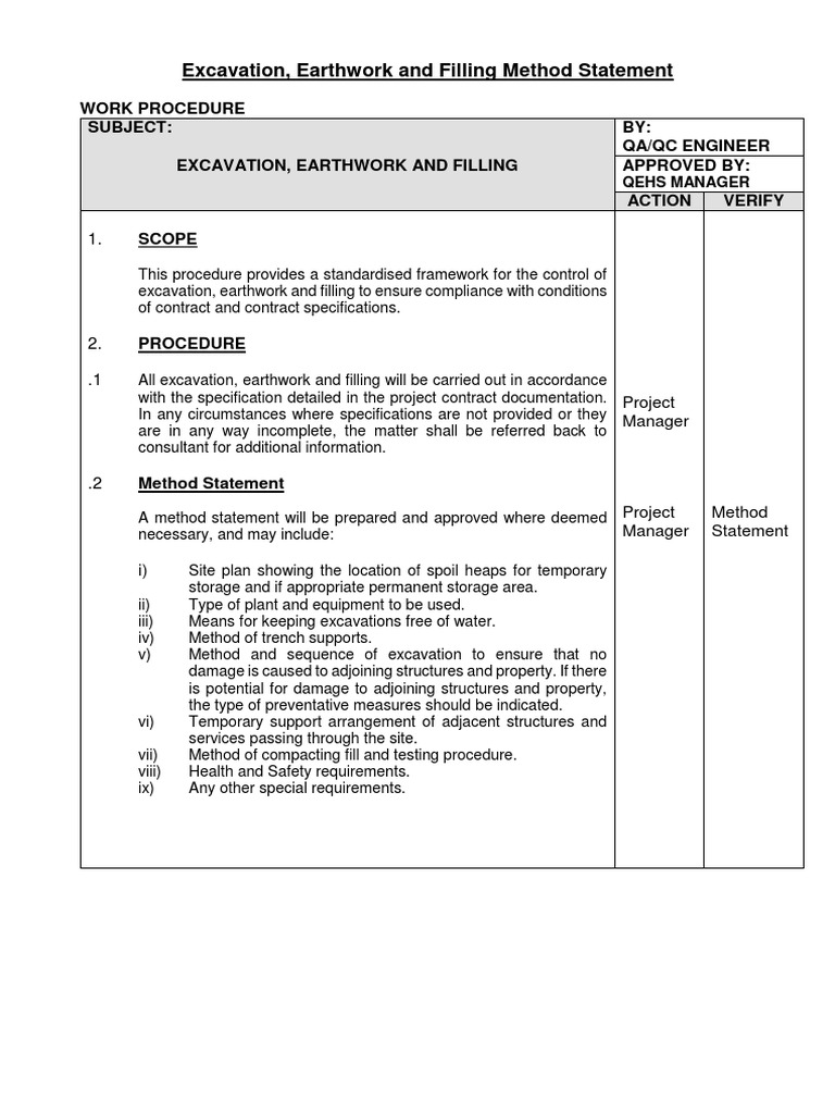 Excavation, Earthwork and Filling Method Statement | PDF | Excavation ...