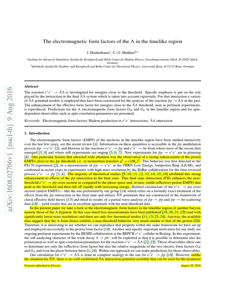 The electromagnetic form factors of the Λ in the timelike region | PDF | Cross Section (Physics ...