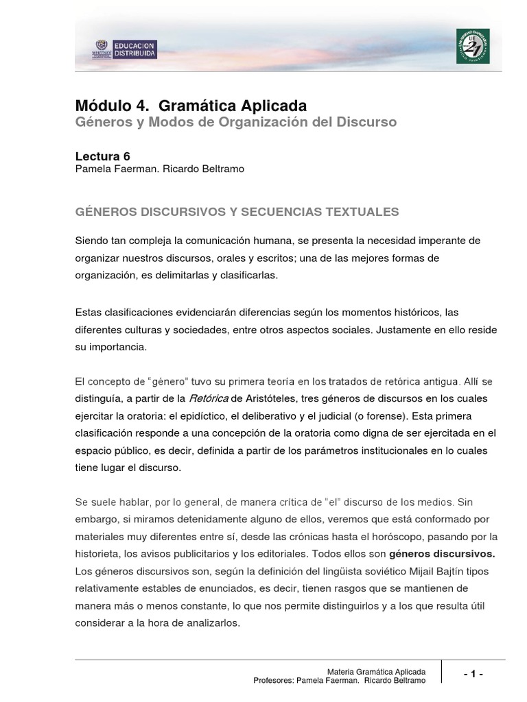 Lectura@6 Generos y Modos de Organización Del Discurso PDF | PDF ...