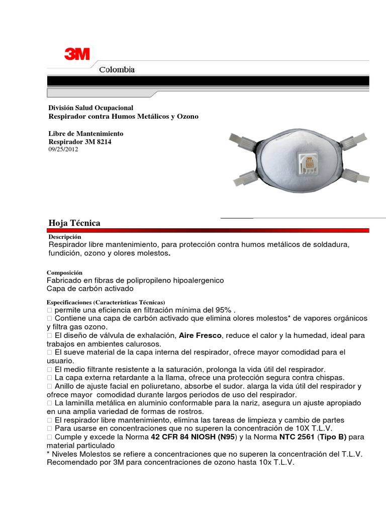 Ficha Técnica Respirador 3M 8214 | PDF | Ozono | Soldadura