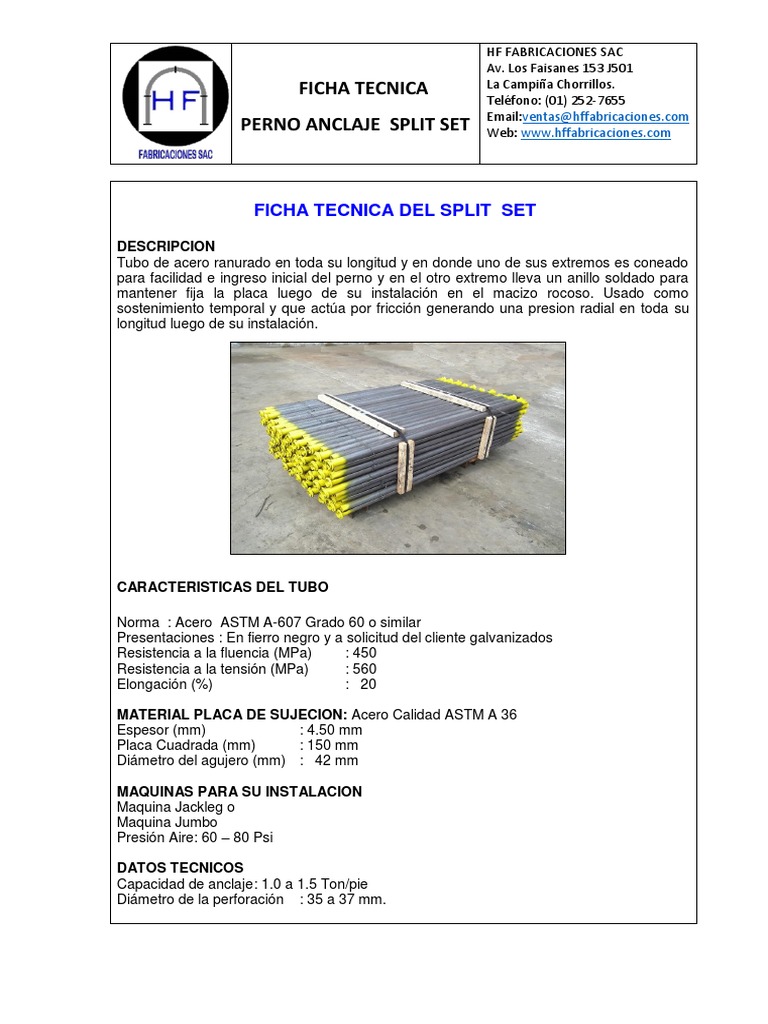 Ficha Técnica del Perno Split Set | PDF | Science | Ingeniería
