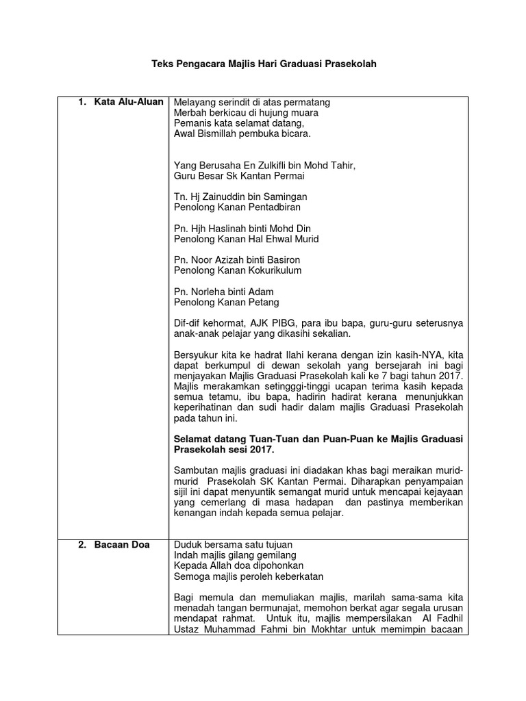 Teks Pengacara Majlis Graduasi Prasekolah SKKP 2017 | PDF