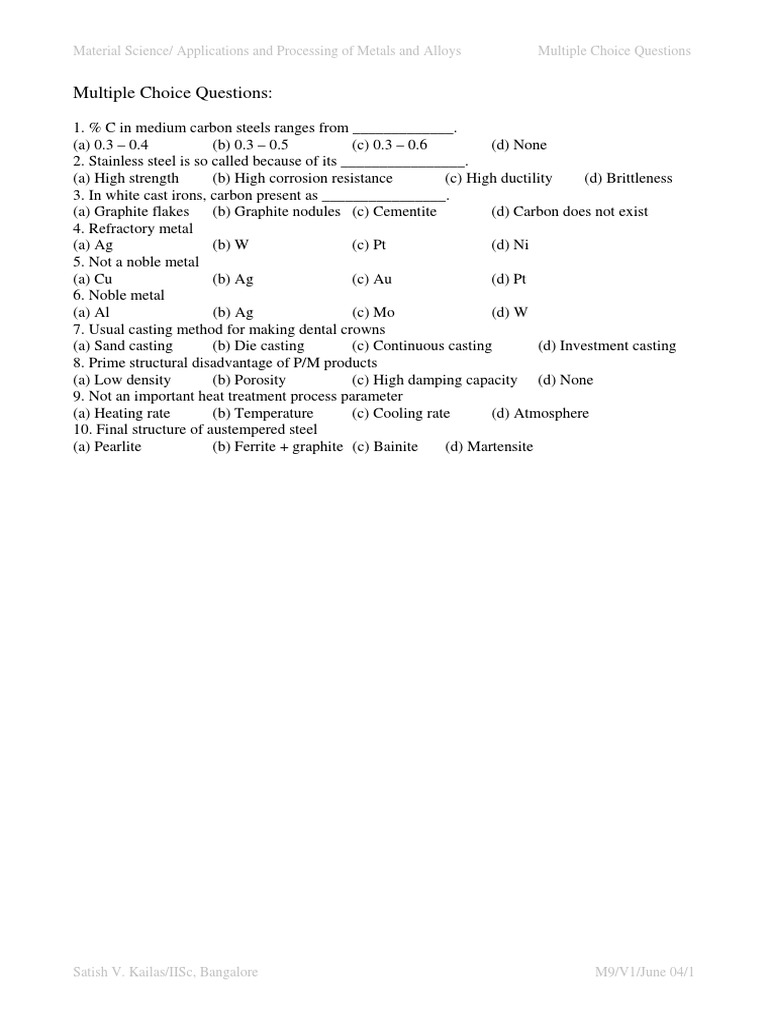 Multiple Choice Questions:: Material Science/ Applications and ...