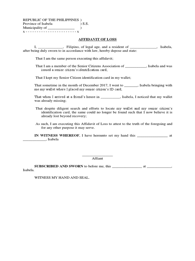 Affidavit of Loss Senior Citizen's ID Card | PDF