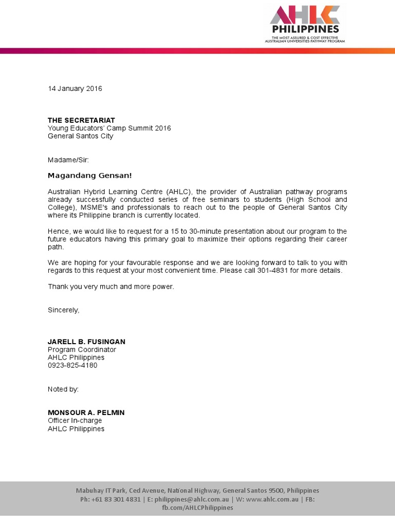 Letter of Request To Conduct A Seminar - Young Educators | PDF