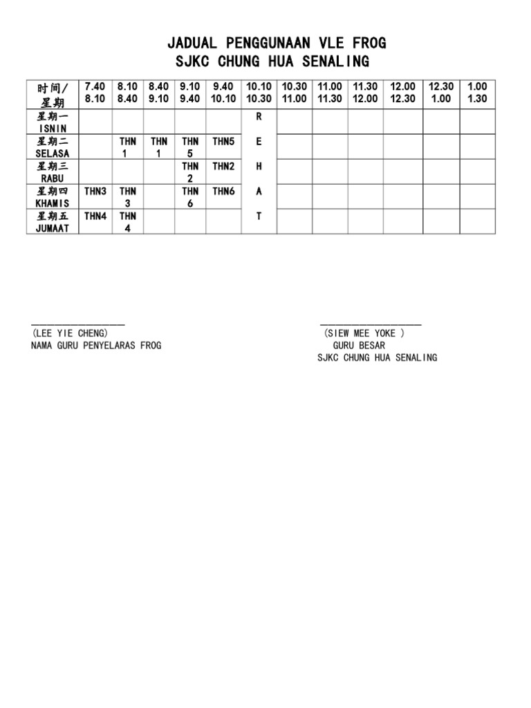 SJKC CHUNG HUA SENALING VLE FROG TIMETABLE | PDF