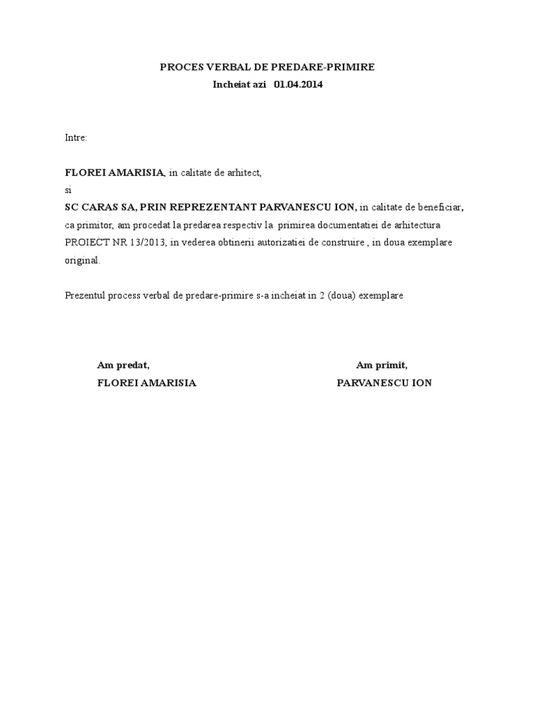 Proces Verbal de Predare Primire DTAC