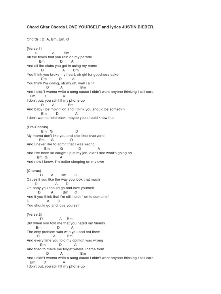 Chord Gitar Chords LOVE YOURSELF and Lyrics JUSTIN BIEBER | PDF | Love ...