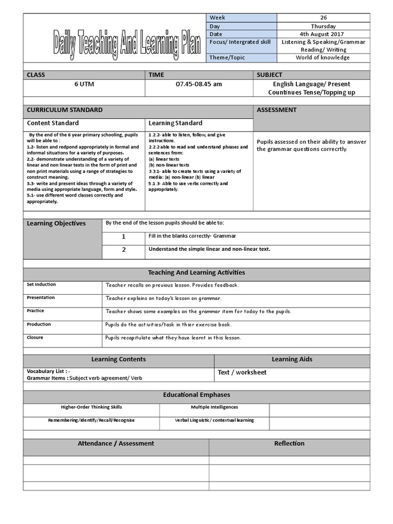 Lesson Plan Year 6 KSSR 2017 | PDF | Question | Educational Assessment