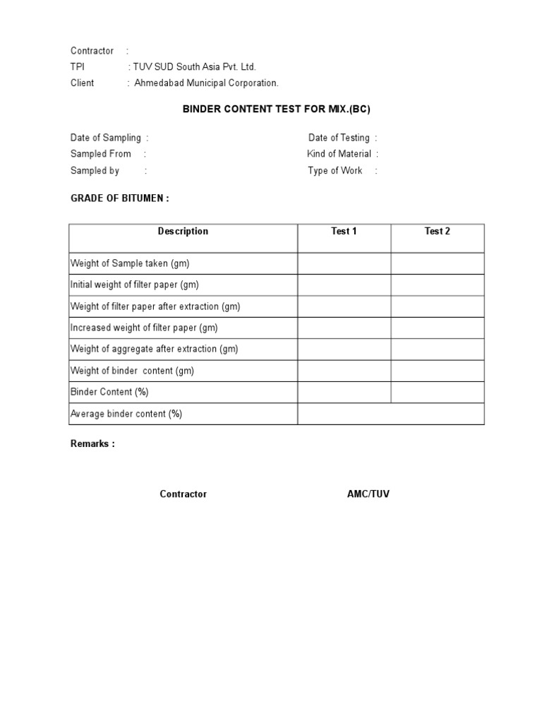 Binder Content Test For Mix. (BC) : Grade of Bitumen | PDF | Technology ...