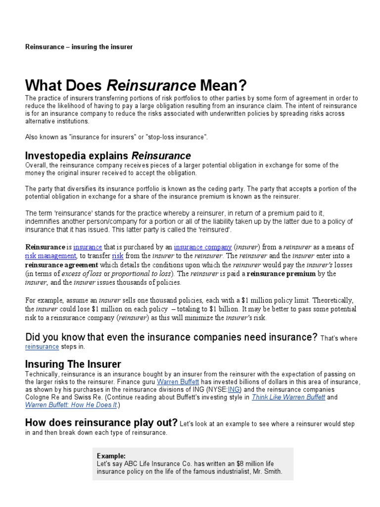 What Does Reinsurance Mean? | PDF | Reinsurance | Insurance