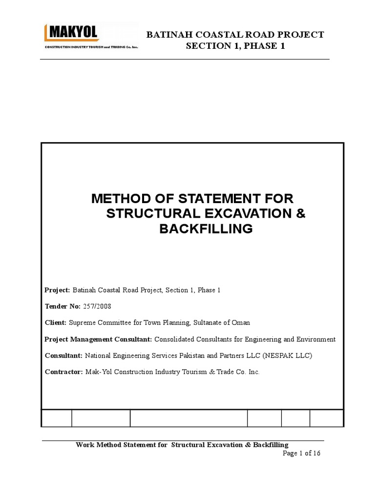 Method Statement Structural Excavation Backfilling | PDF | Excavation ...
