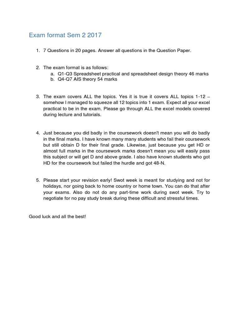 Exam Format Sem 2 2017 | PDF | Career & Growth