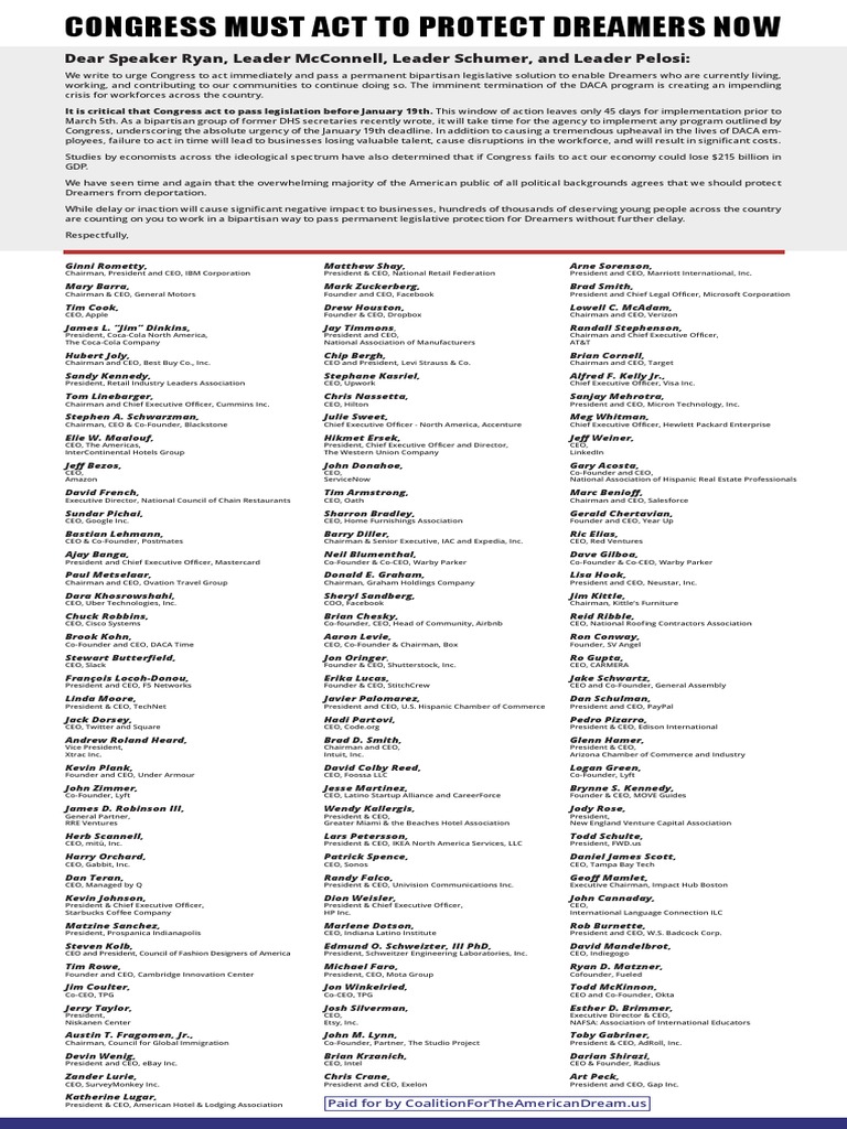 CONGRESS MUST ACT TO PROTECT DREAMERS NOW Print Ad | PDF | Deferred ...