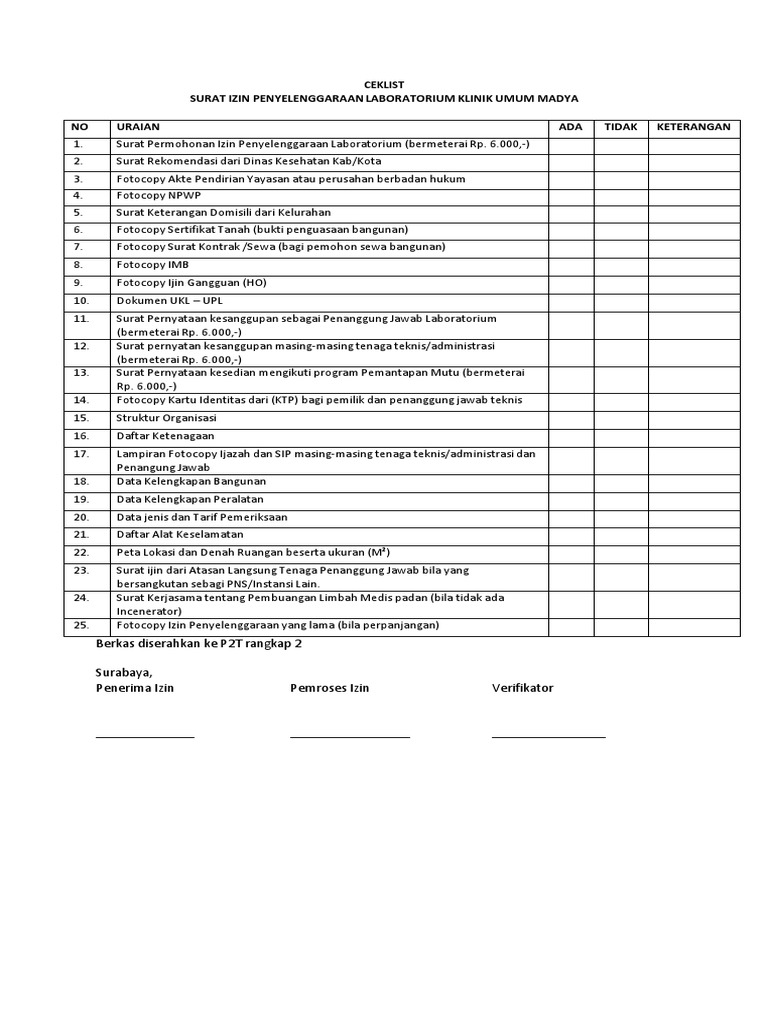 Checklist Lab Klinik Umum Madya | PDF