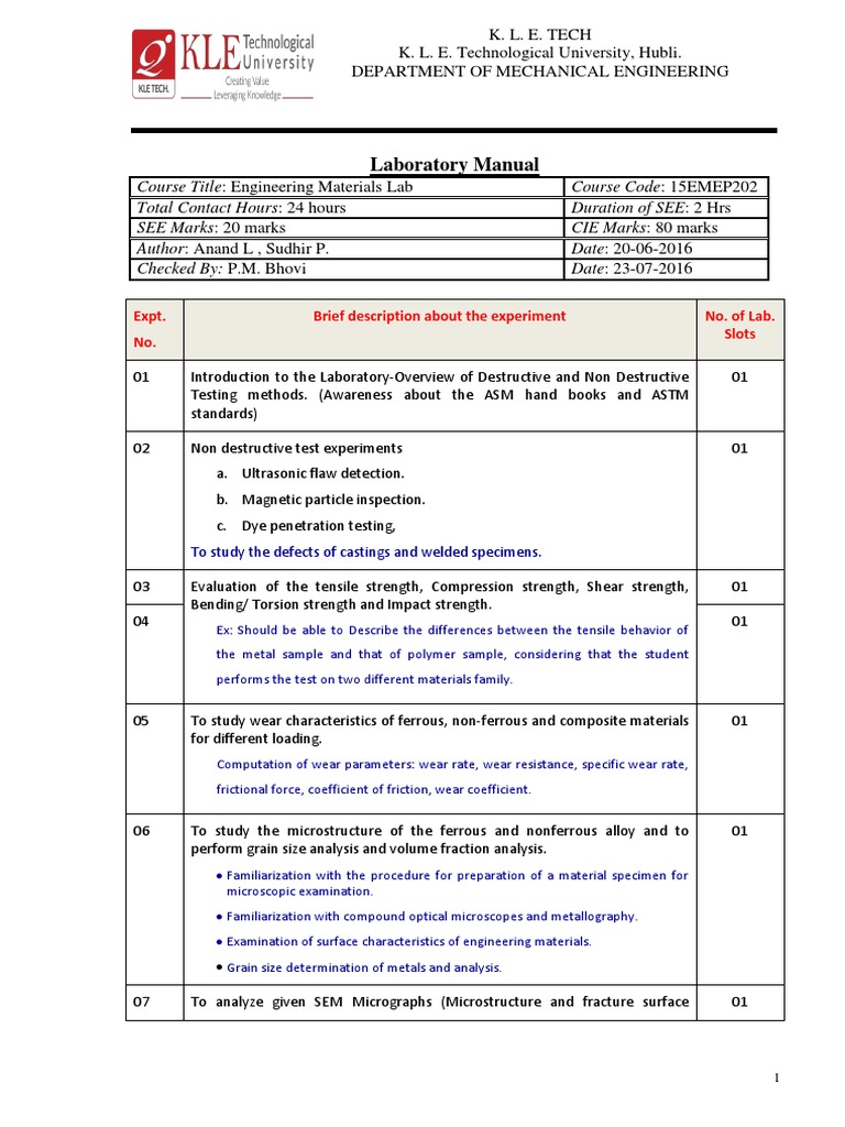 Engg Materials Lab Manual Kle Univeristy | PDF | Heat Treating ...