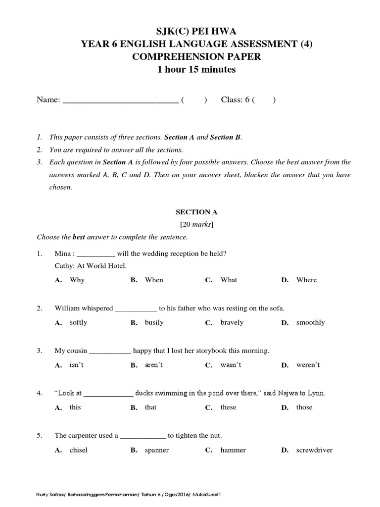 SJK (C) Pei Hwa Year 6 English Language Assessment (4) Comprehension ...