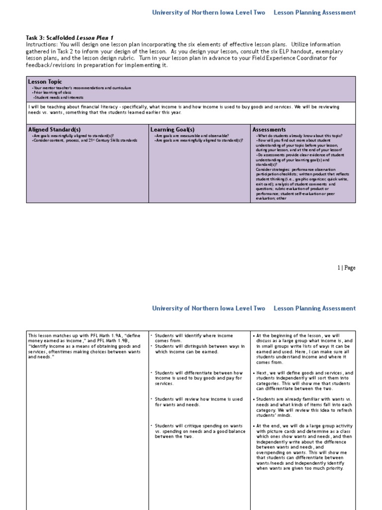 Task 3: Scaffolded Lesson Plan 1: University of Northern Iowa Level Two ...