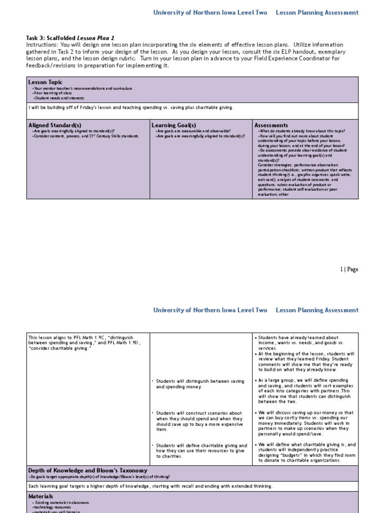 Task 3: Scaffolded Lesson Plan 1: University of Northern Iowa Level Two ...