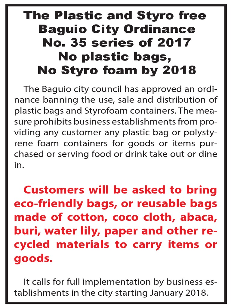 The Plastic and Styro Free Baguio City Ordinance No. 35 Series of 2017 ...