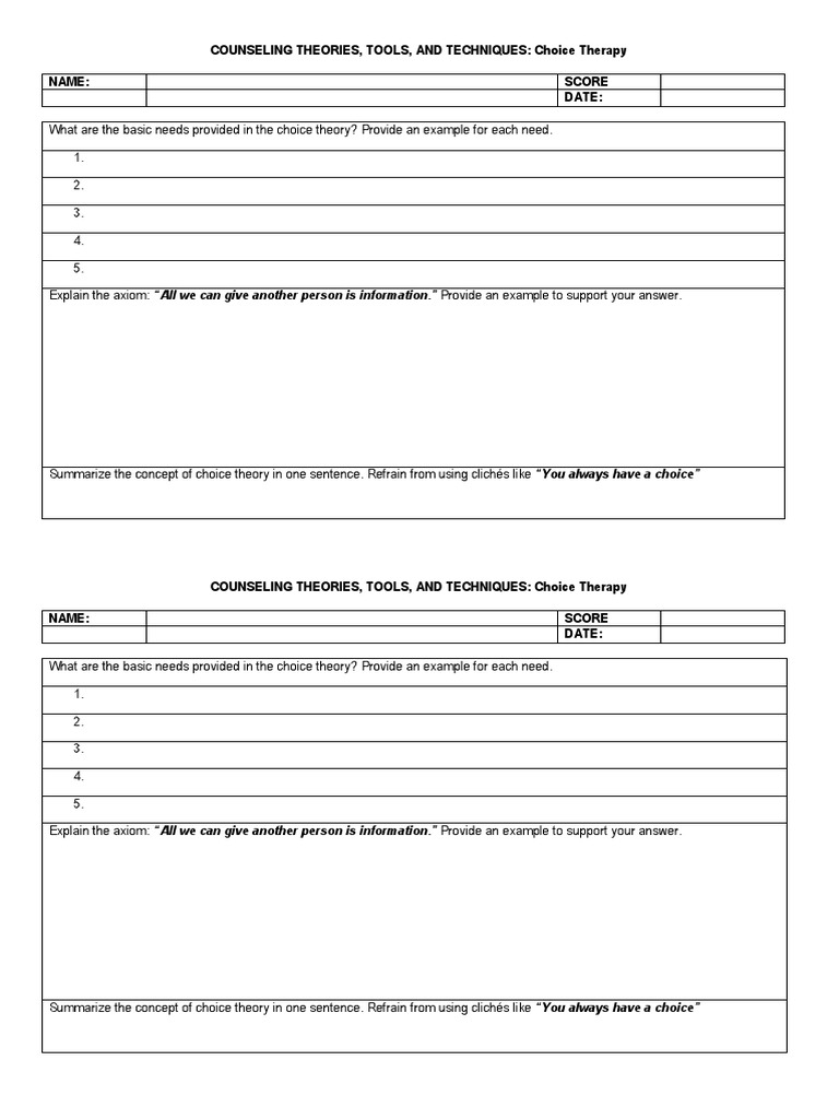 Counseling Theories, Tools, and Techniques: Choice Therapy Name: Score ...
