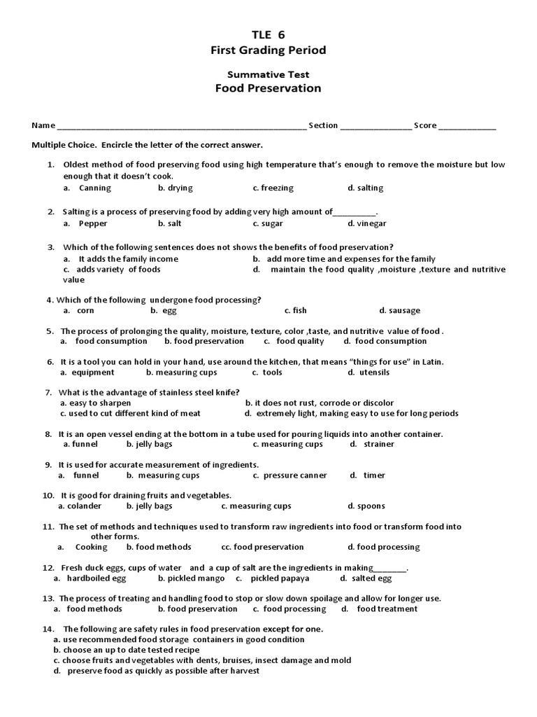Test TLE6 Food Preervation Summativetest | PDF | Food Preservation ...