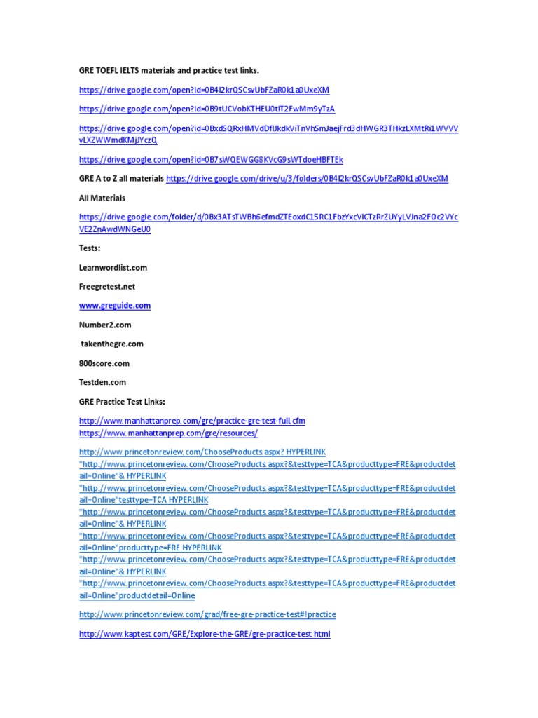 GRE TOEFL IELTS Materials and Practice Test Links | PDF | Graduate ...