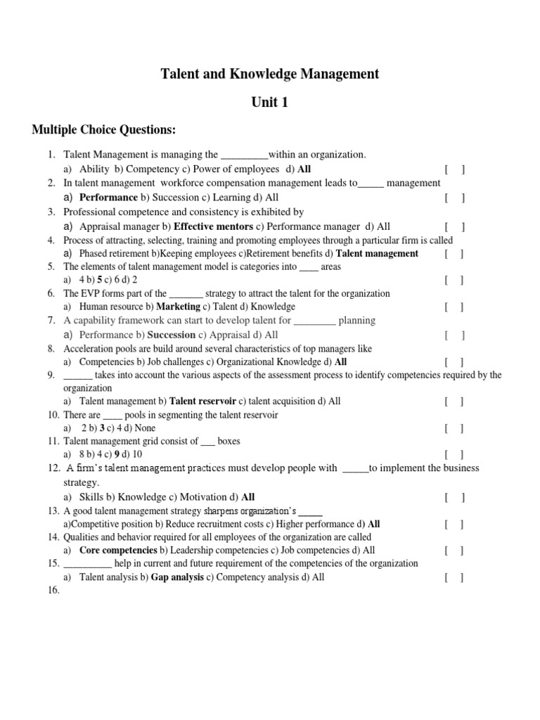 Talent and Knowledge Management Unit 1: Multiple Choice Questions | PDF ...