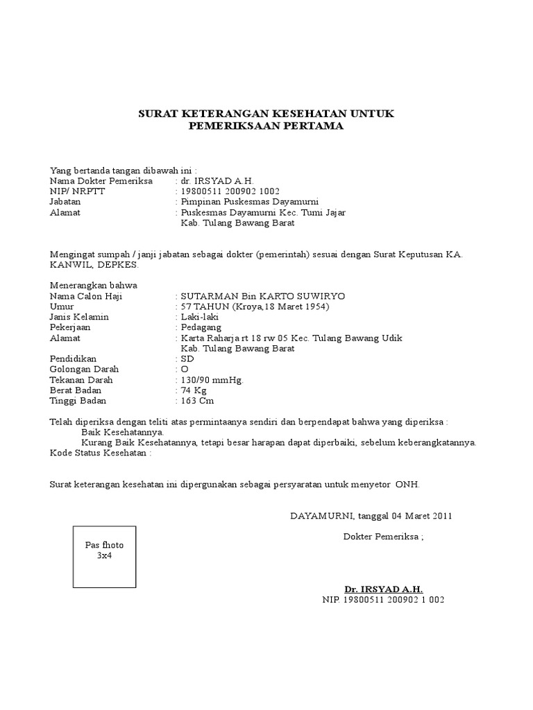 Surat Keterangan Kesehatan Untuk | PDF