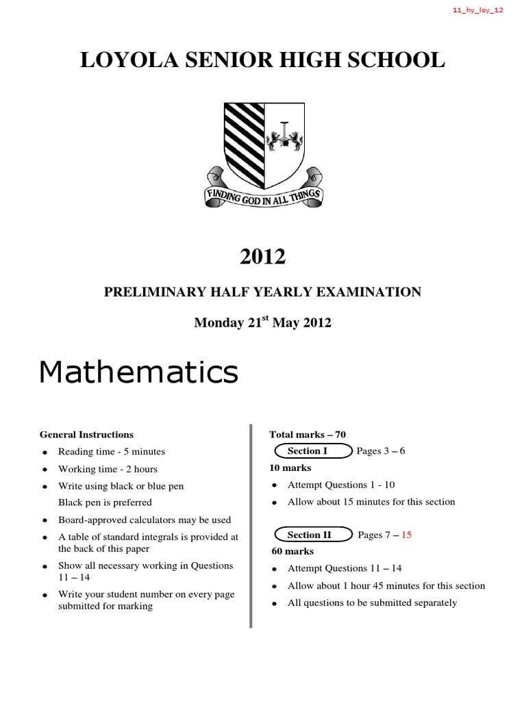 2012 Loyola Senior High School Maths 2unit Trial Paper | PDF ...
