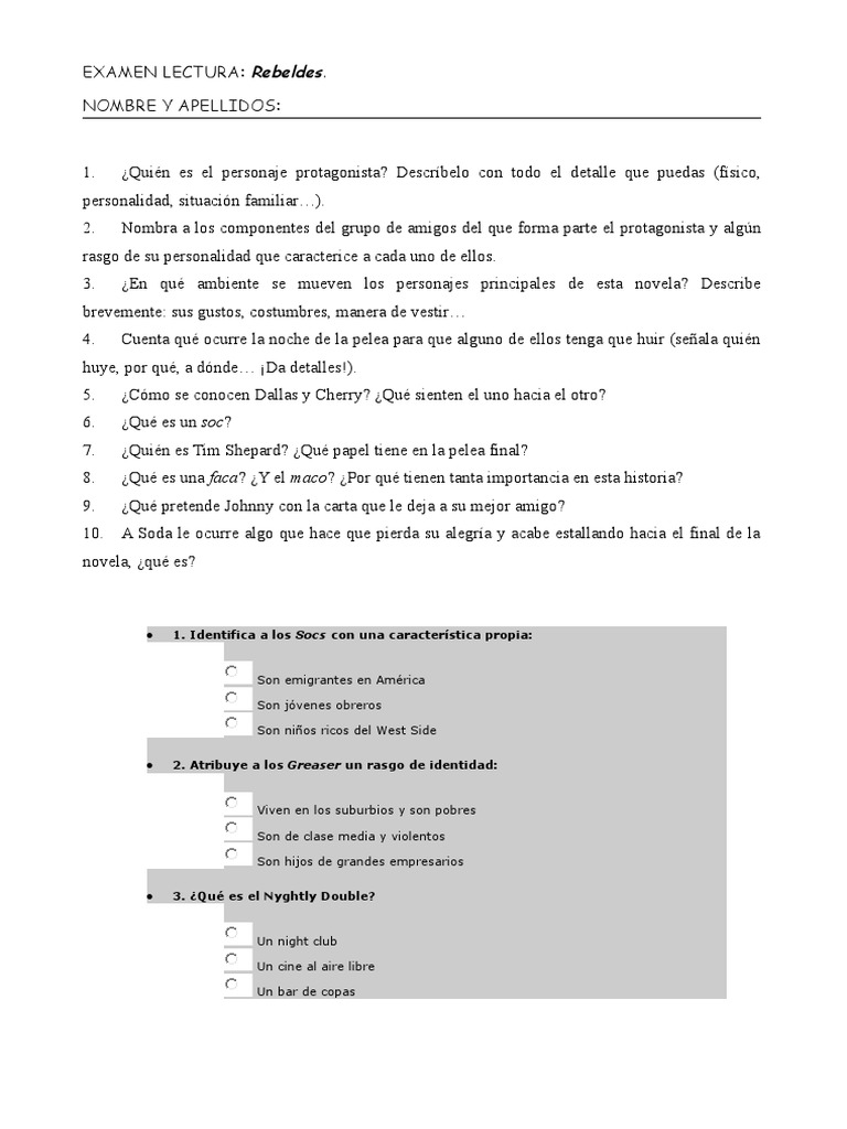 Examen de Lectura: Rebeldes | PDF | Ocio