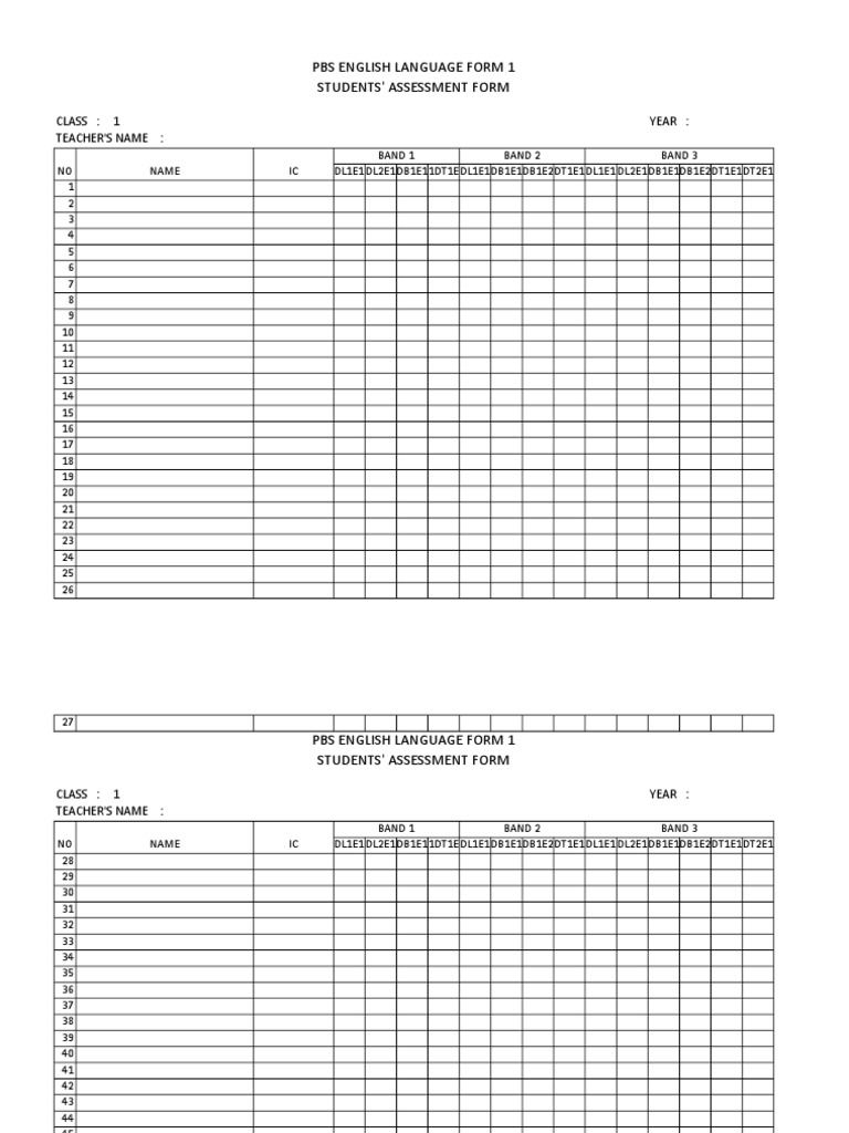 Pbs English Language Form 1 Students' Assessment Form: Class: 1 Year ...