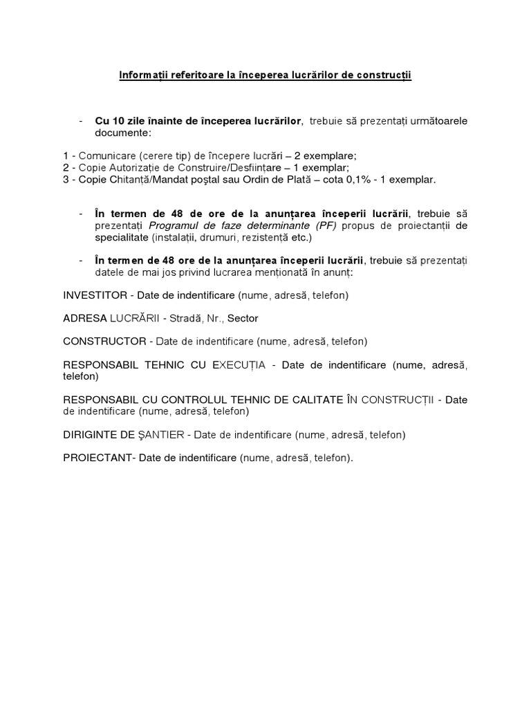 Informatii Referitoare La Inceperea Lucrarilor de Constructii PDF | PDF
