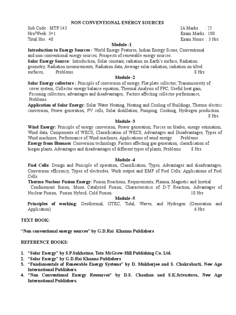 Non Conventional Energy Sources Syllabus | Download Free PDF | Energy ...