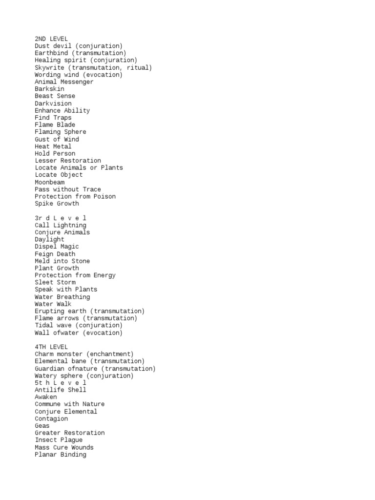 Druid Spell List by Level | PDF