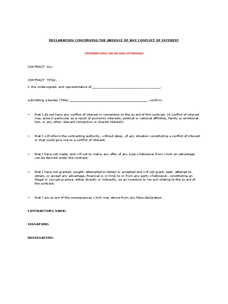 Declaration of Conflict of Interest - Tender | PDF