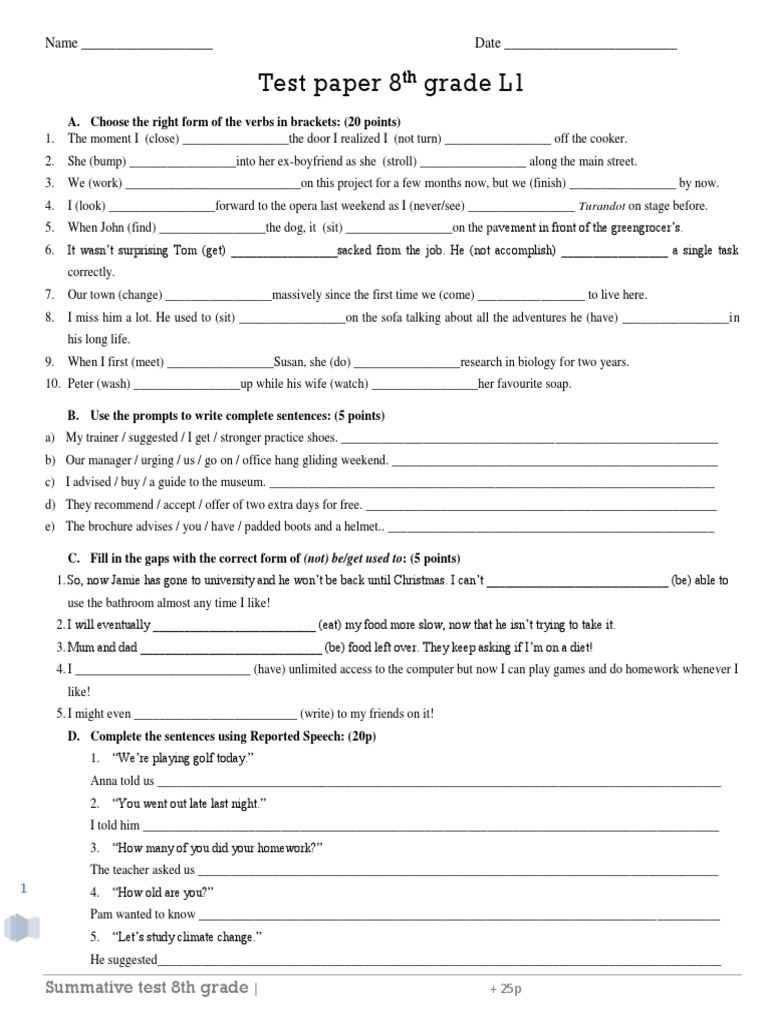 Test Paper 8 Grade L1 | PDF