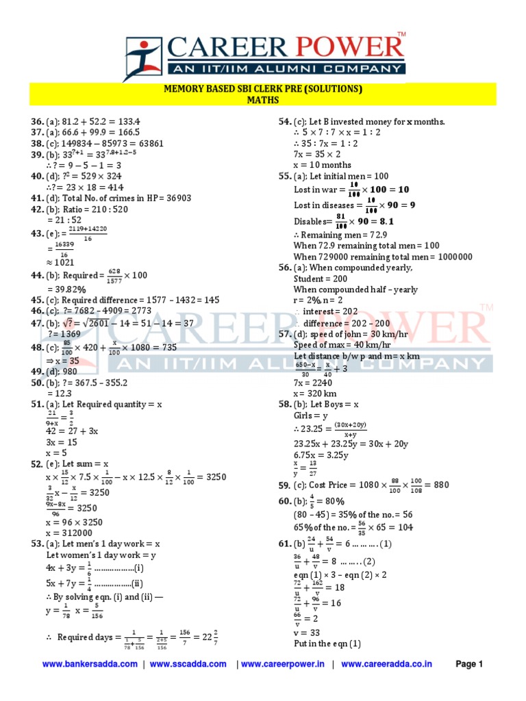 SBI Clerk Pre Exam Maths Solutions | PDF | Economics | Teaching Mathematics