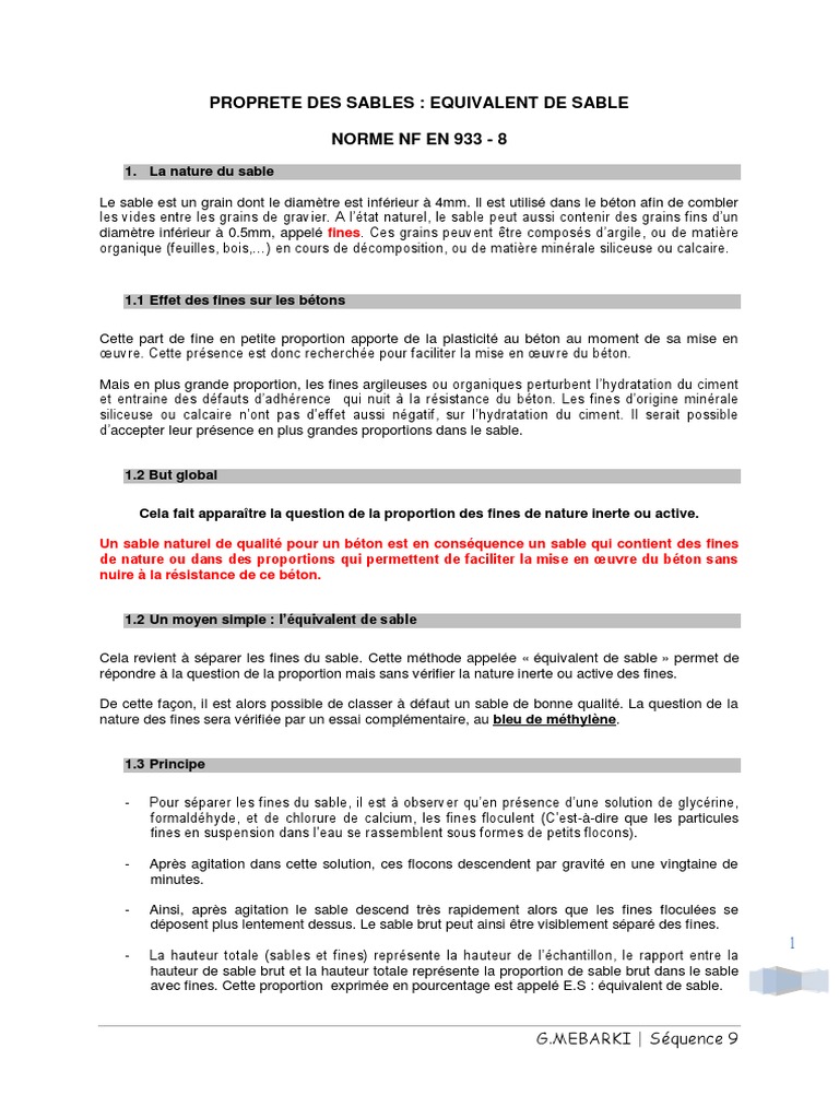 Équivalent de sable : Norme NF EN 933-8 | PDF | Matériaux | Science