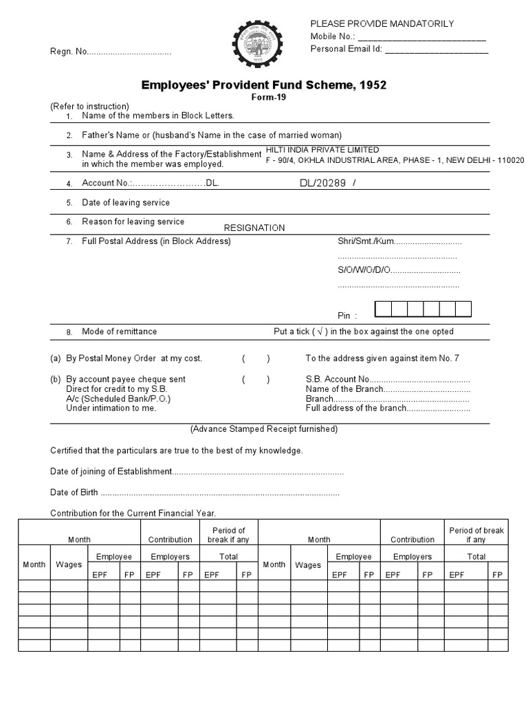 Employees' Provident Fund Scheme, 1952: Form-19 | PDF | Cheque ...