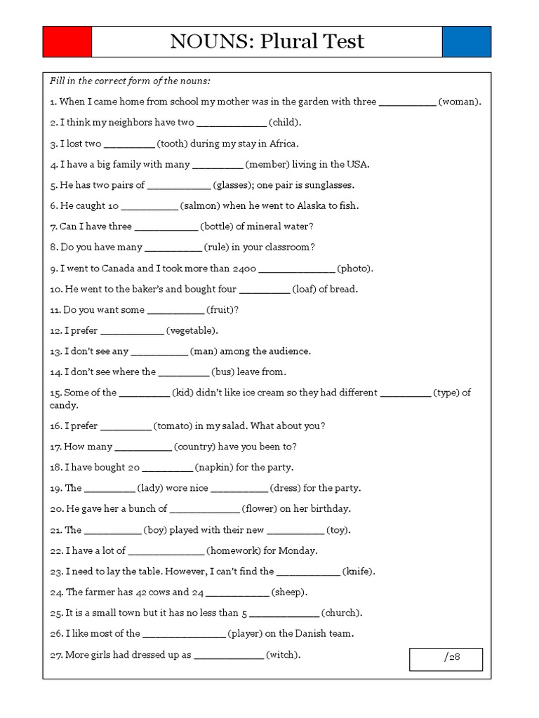 Nouns Plural Test Fun Activities Games Grammar Drills Tests - 37399 | PDF