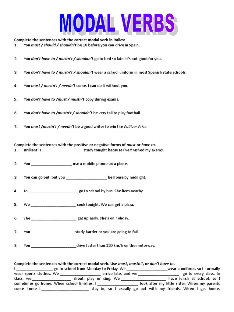 Modal Verbs Grammar Drills 63848 | Download Free PDF | Linguistic Typology | Linguistic Morphology