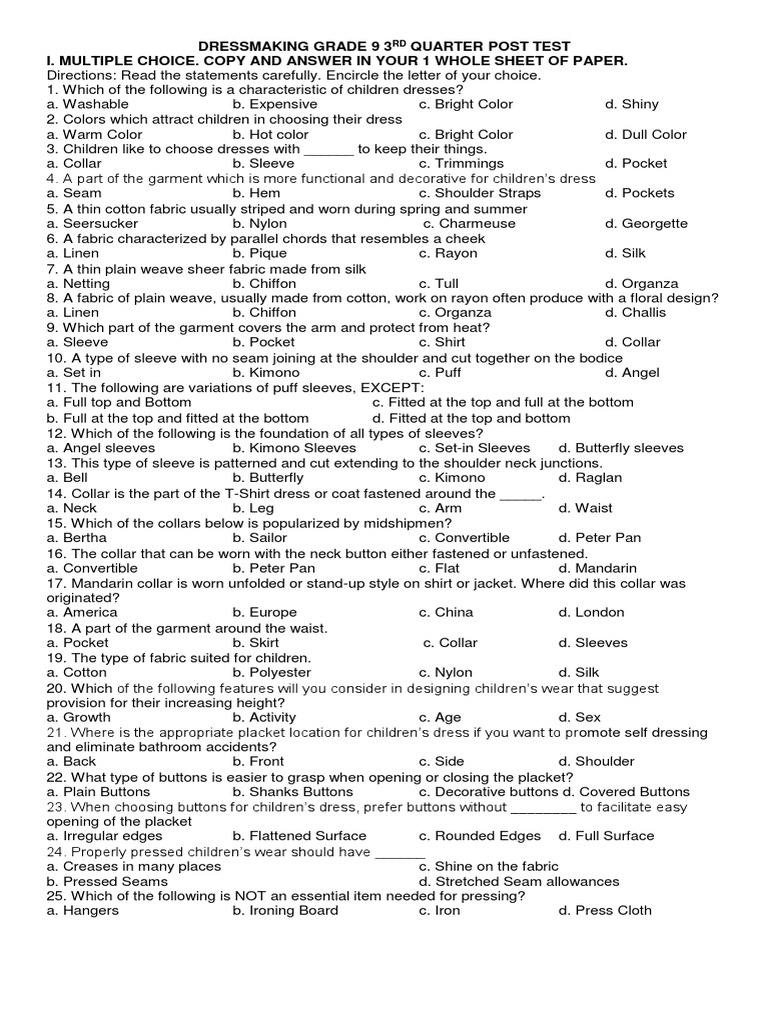 Dressmaking G9 3RD Quarter Pre Post Test | PDF | Seam (Sewing) | Clothing